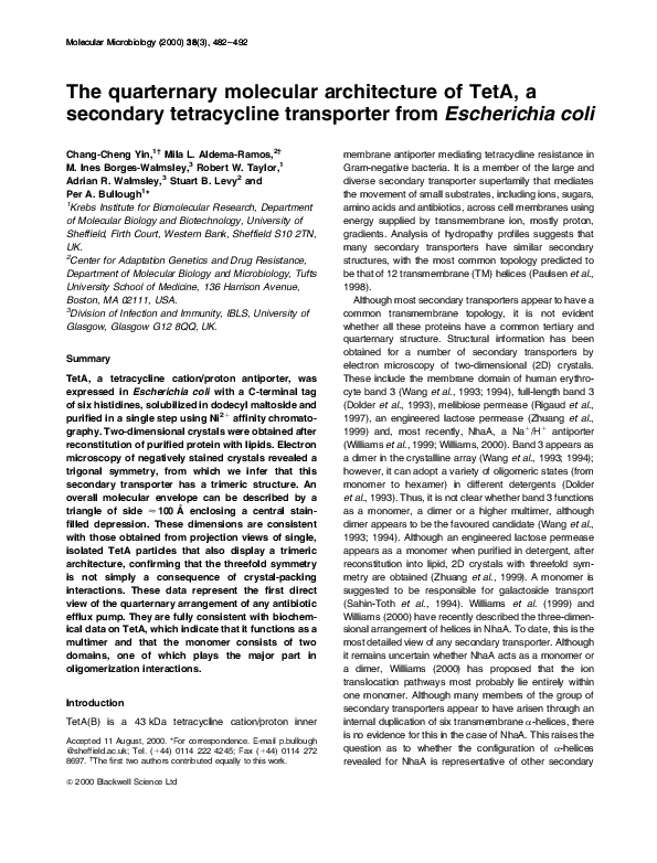 (PDF) The quarternary molecular architecture of TetA, a secondary ...