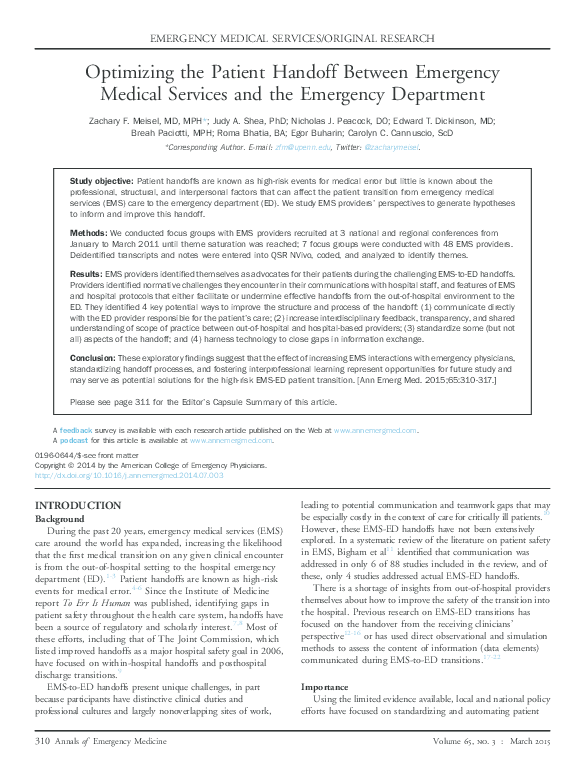(PDF) Optimizing the Patient Handoff Between EMS and the Emergency ...
