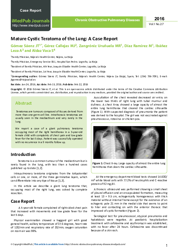 Pdf Mature Cystic Teratoma Of The Lung A Case Report Jose Tomas
