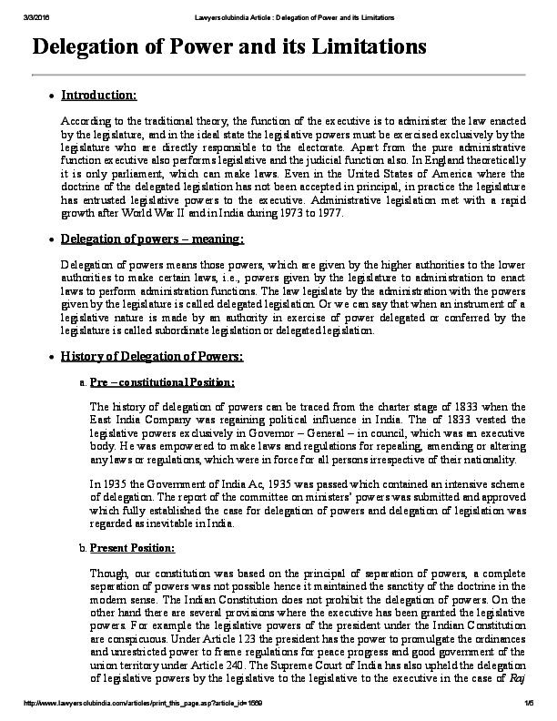 (PDF) Delegation of Power and its Limitations