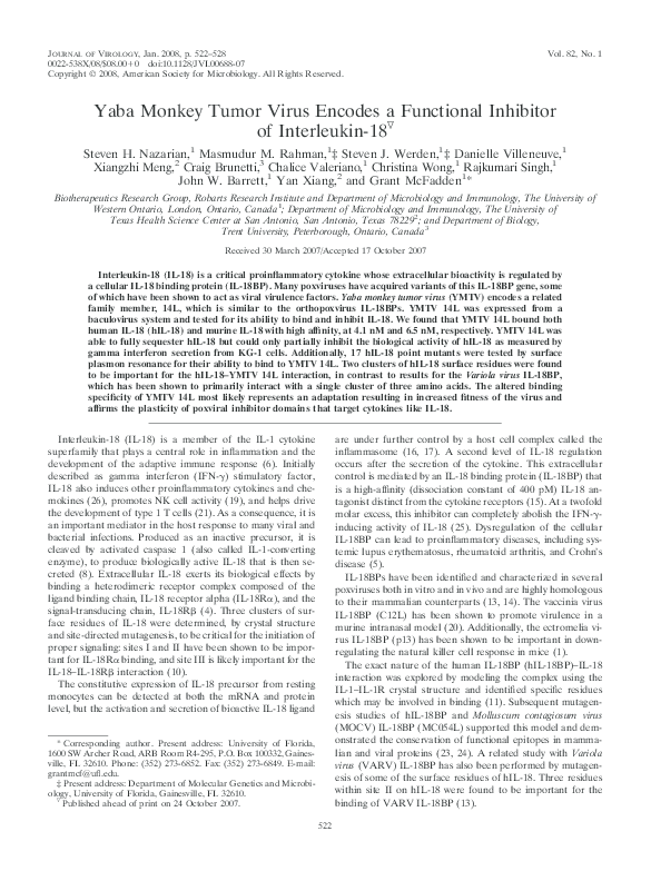 (PDF) Yaba Monkey Tumor Virus Encodes a Functional Inhibitor of ...