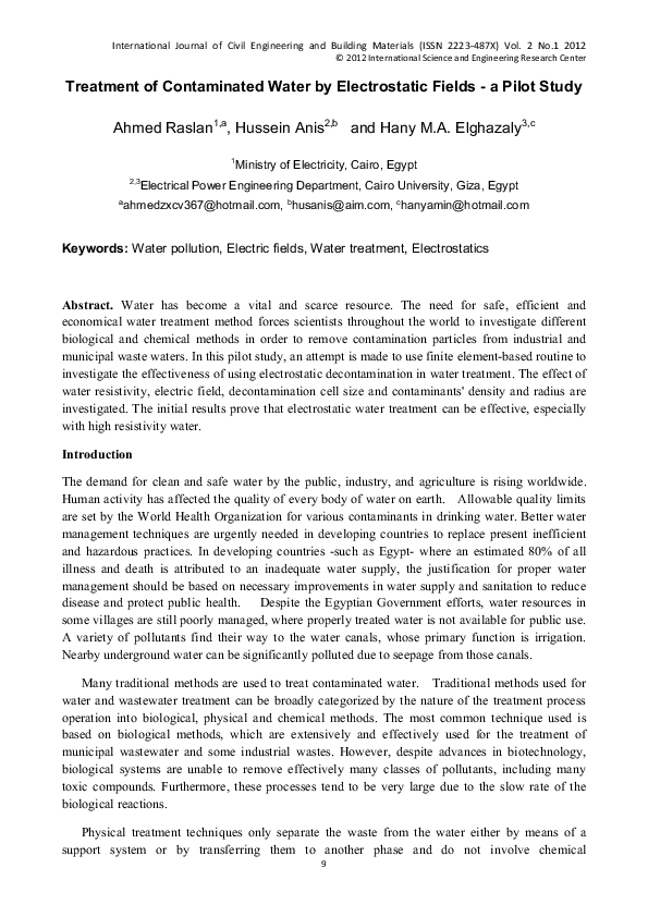 (PDF) Treatment of Contaminated Water by Electrostatic Fields -a Pilot ...