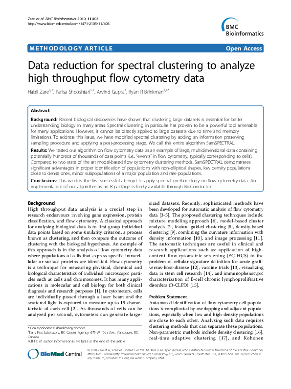 (PDF) Data reduction for spectral clustering to analyze high throughput flow cytometry data
