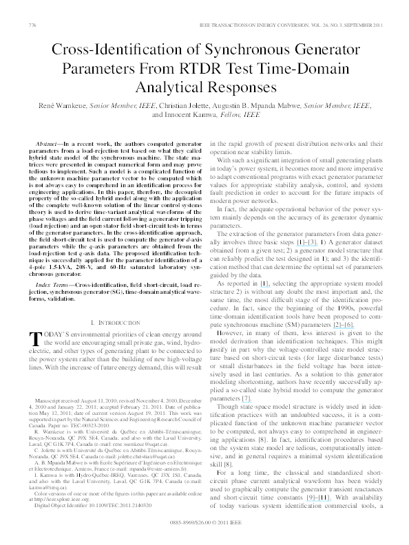 Pdf Cross Identification Of Synchronous Generator Parameters From