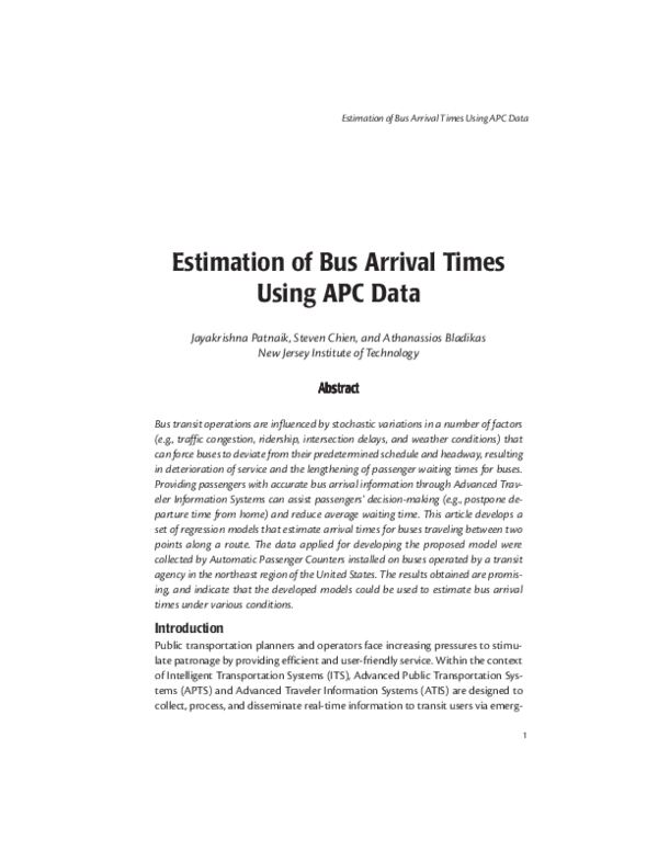 (PDF) Estimation of Bus Arrival Times Using APC Data