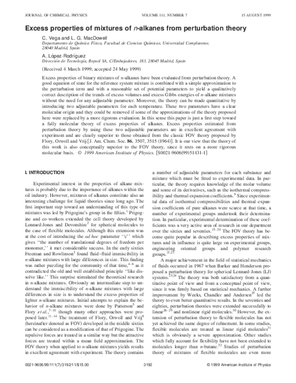 (PDF) Excess properties of mixtures of n-alkanes from perturbation theory