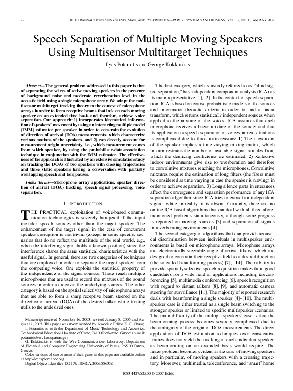 Pdf Speech Separation Of Multiple Moving Speakers Using Multisensor Multitarget Techniques