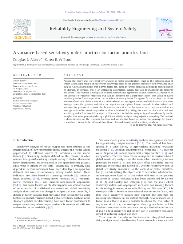 Pdf A Variance Based Sensitivity Index Function For Factor Prioritization