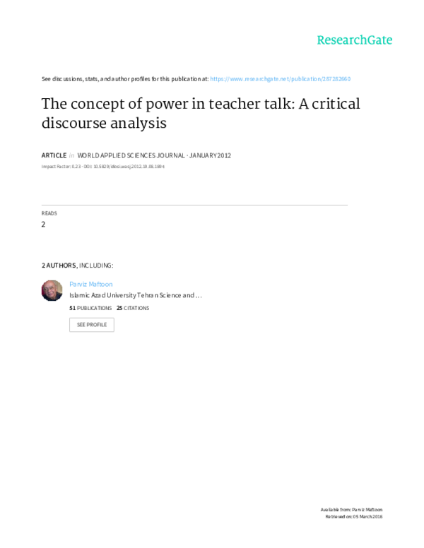 (PDF) The concept of power in teacher talk:A critical discourse analysis