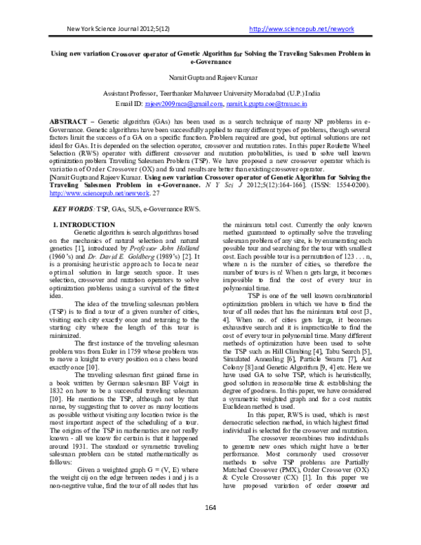 Pdf Using New Variation Crossover Operator Of Genetic Algorithm For Solving The Traveling 