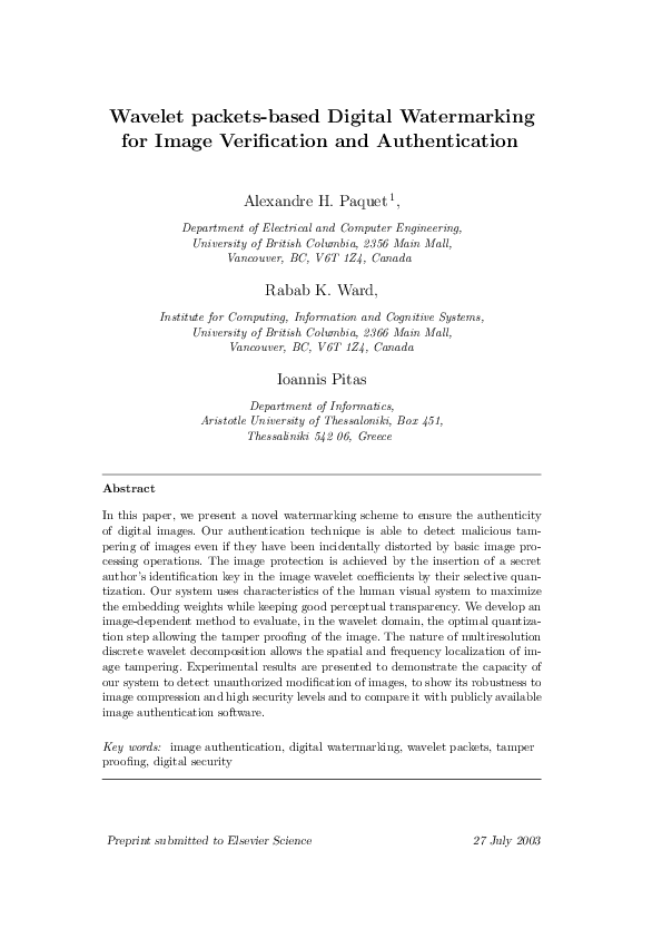 (PDF) Wavelet packets-based digital watermarking for image verification and authentication