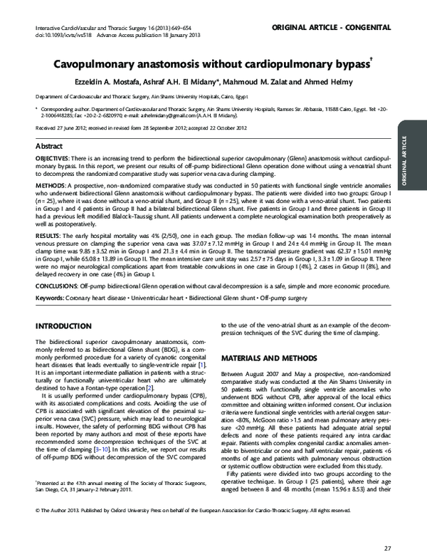 (PDF) Cavopulmonary anastomosis without cardiopulmonary bypass