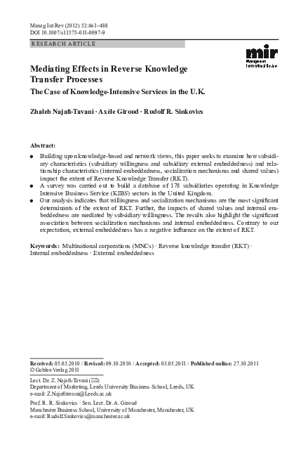 (PDF) Mediating Effects in Reverse Knowledge Transfer Processes