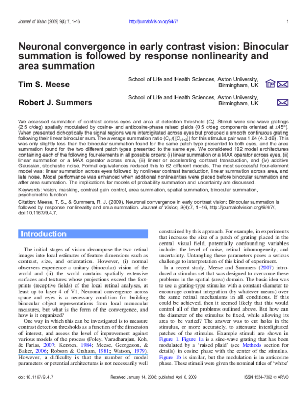 (PDF) Neuronal convergence in early contrast vision: Binocular ...