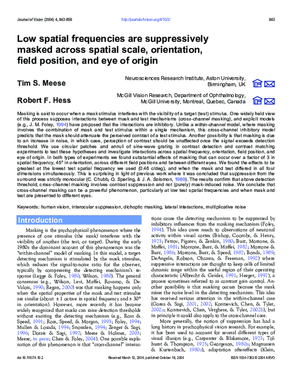 (PDF) Low spatial frequencies are suppressively masked across spatial scale, orientation, field ...