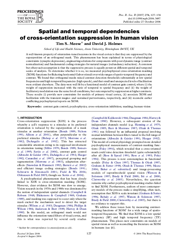 (PDF) Spatial and temporal dependencies of cross-orientation suppression in human vision