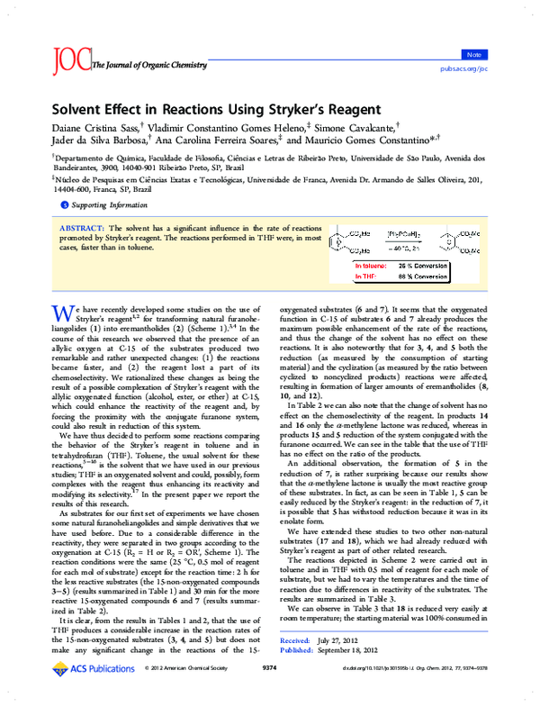 (PDF) Solvent Effect in Reactions Using Stryker’s Reagent