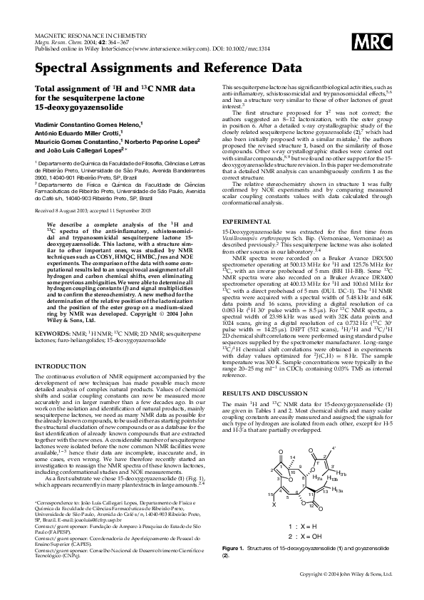 (PDF) Total assignment of1H and13C NMR data for the sesquiterpene ...