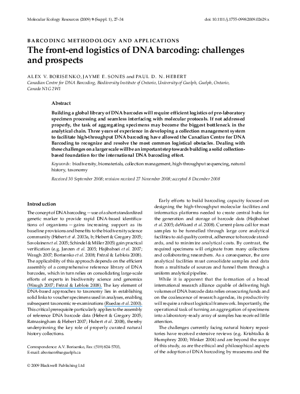 (PDF) The front-end logistics of DNA barcoding: challenges and prospects