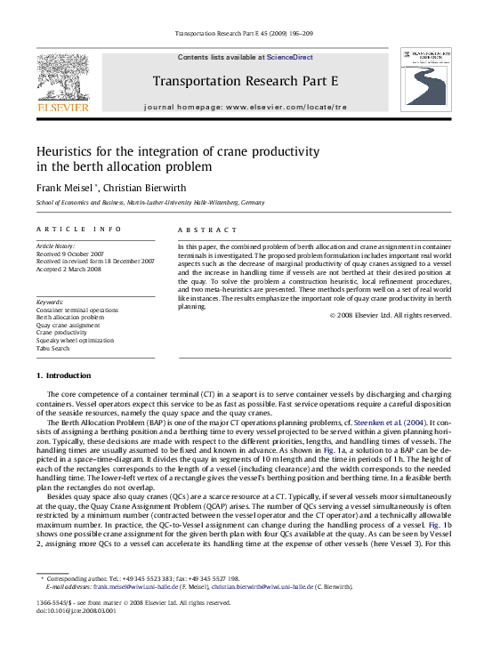 (PDF) Heuristics for the integration of crane productivity in the berth allocation problem