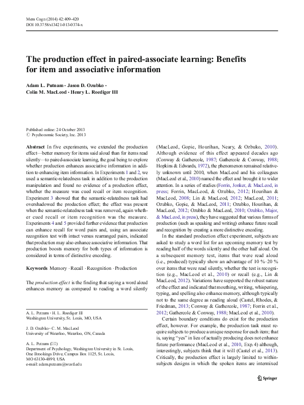 (PDF) The production effect in paired-associate learning: Benefits for ...