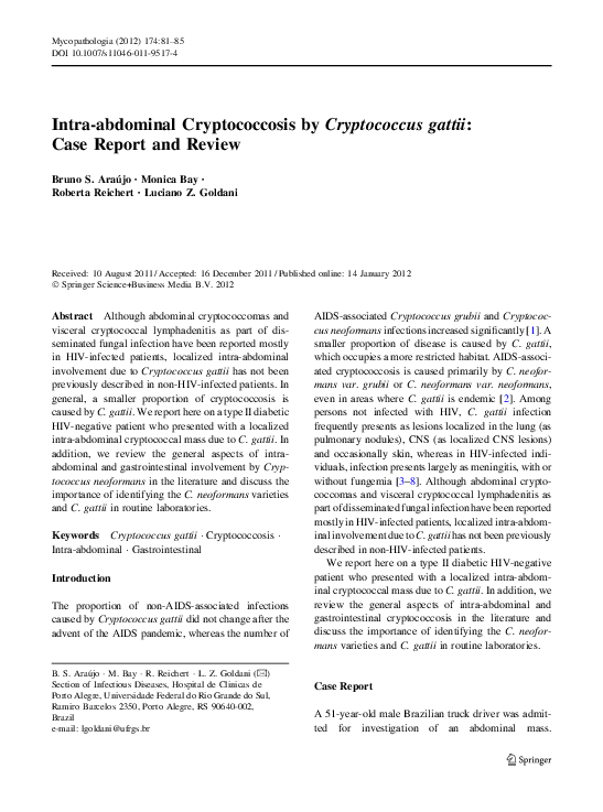 (PDF) Intra-abdominal Cryptococcosis by Cryptococcus gattii: Case ...