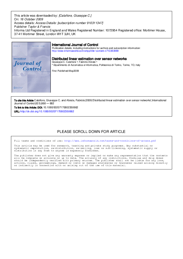 Pdf Distributed Linear Estimation Over Sensor Networks