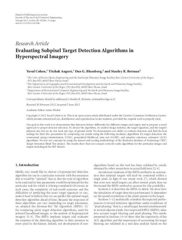 Pdf Evaluating Subpixel Target Detection Algorithms In Hyperspectral Imagery