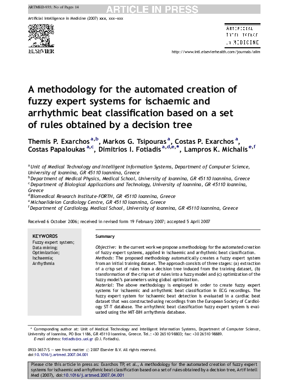 Pdf A Methodology For The Automated Creation Of Fuzzy Expert Systems For Ischaemic And