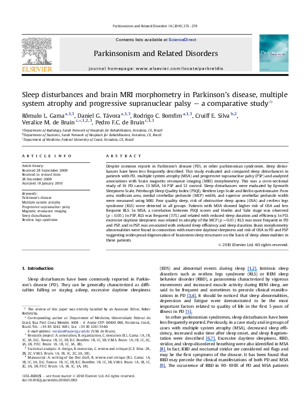 (PDF) Sleep disturbances and brain MRI morphometry in Parkinson's disease, multiple system ...
