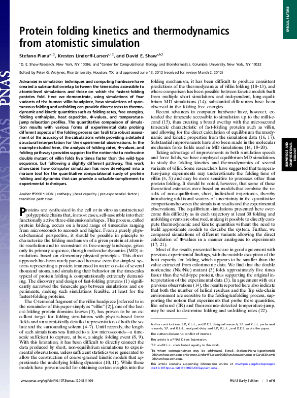 Pdf Protein Folding Kinetics And Thermodynamics From Atomistic Simulation