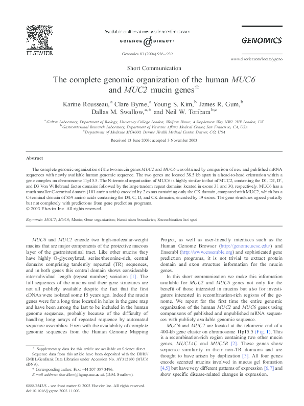 (PDF) The complete genomic organization of the human MUC6 and MUC2 ...