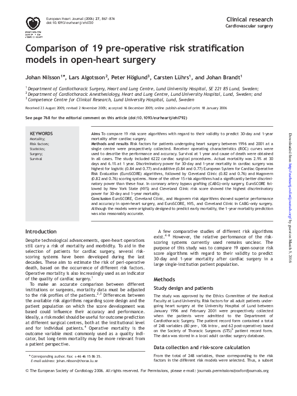 (PDF) Comparison of 19 pre-operative risk stratification models in open ...