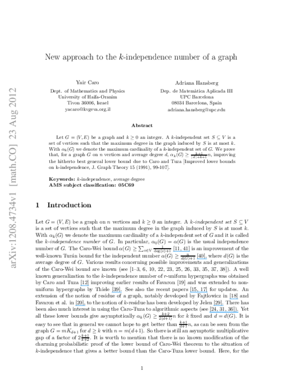 (PDF) New Approach to the $ k $-Independence Number of a Graph
