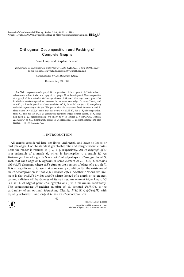 (PDF) Orthogonal Decomposition and Packing of Complete Graphs
