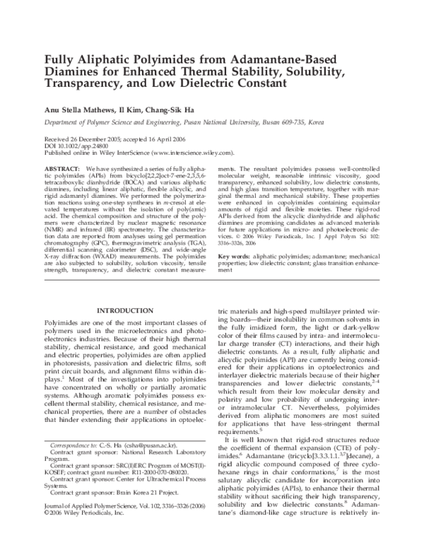 (PDF) Fully aliphatic polyimides from adamantane-based diamines for ...
