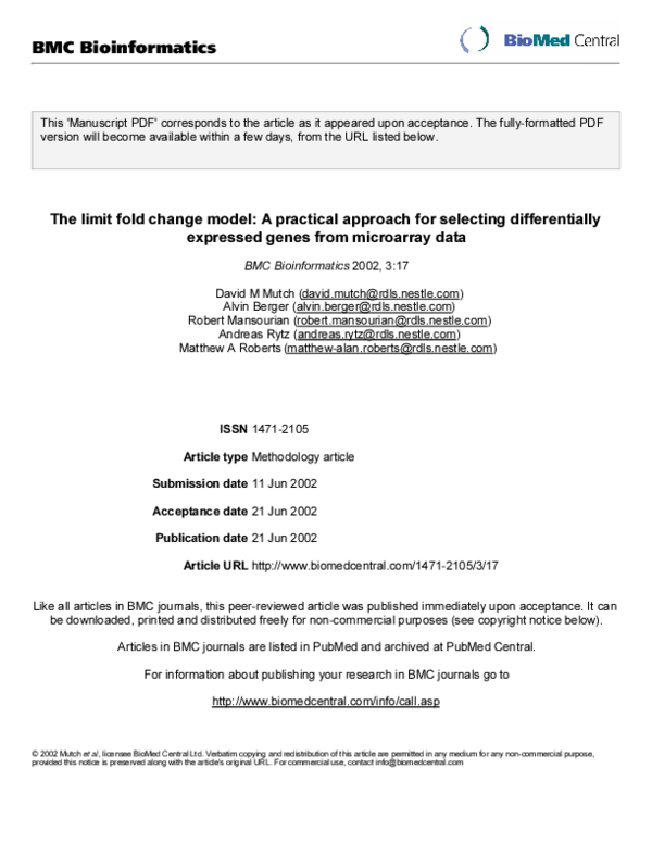 (PDF) The limit fold change model: a practical approach for selecting differentially expressed ...