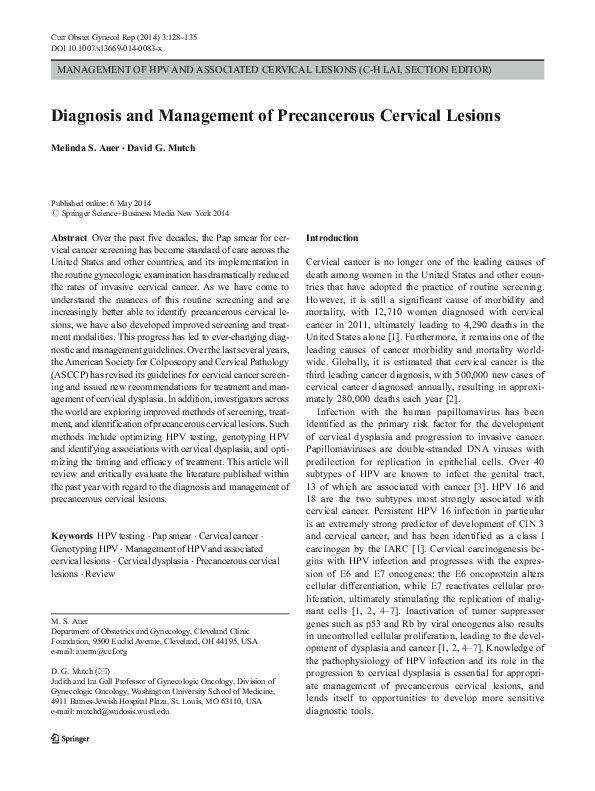 (PDF) Diagnosis and Management of Precancerous Cervical Lesions