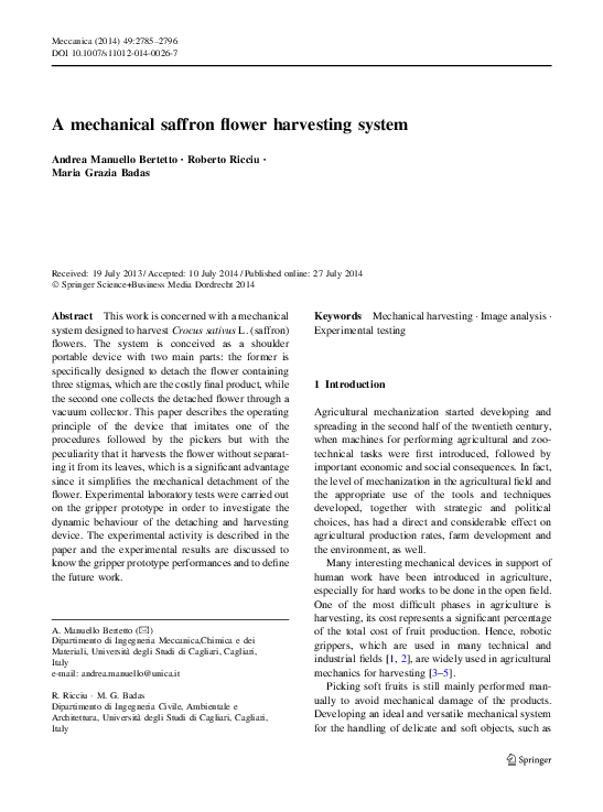 (PDF) A mechanical saffron flower harvesting system