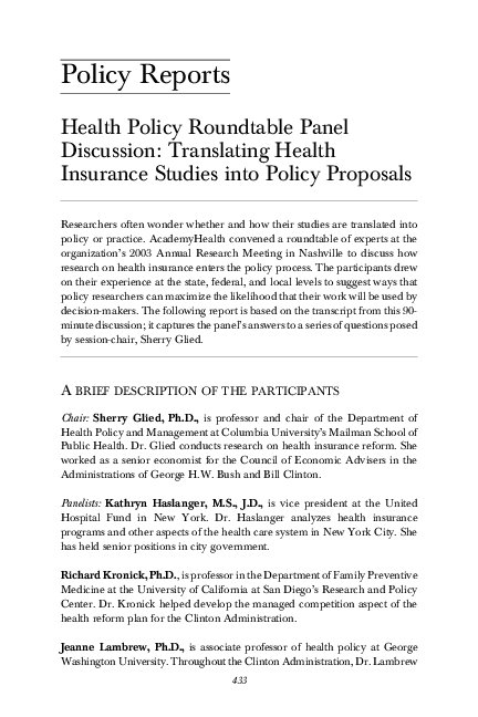 (PDF) Health Policy Roundtable Panel Discussion: Translating Health ...