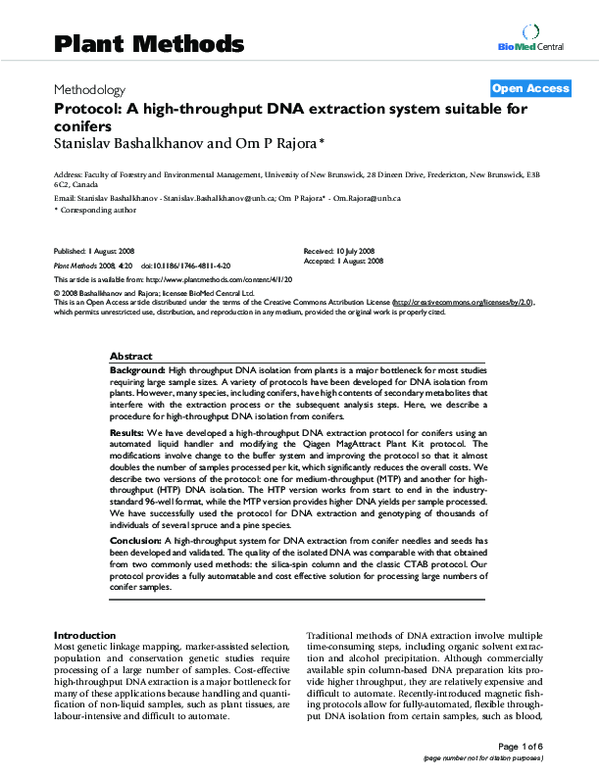 Pdf Protocol A High Throughput Dna Extraction System Suitable For Conifers Om Rajora