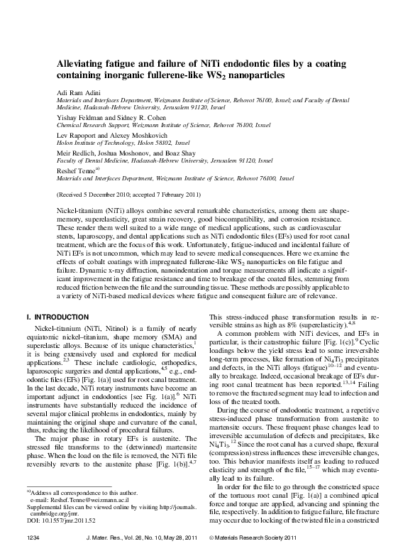 (PDF) Alleviating fatigue and failure of NiTi endodontic files by a coating containing inorganic ...