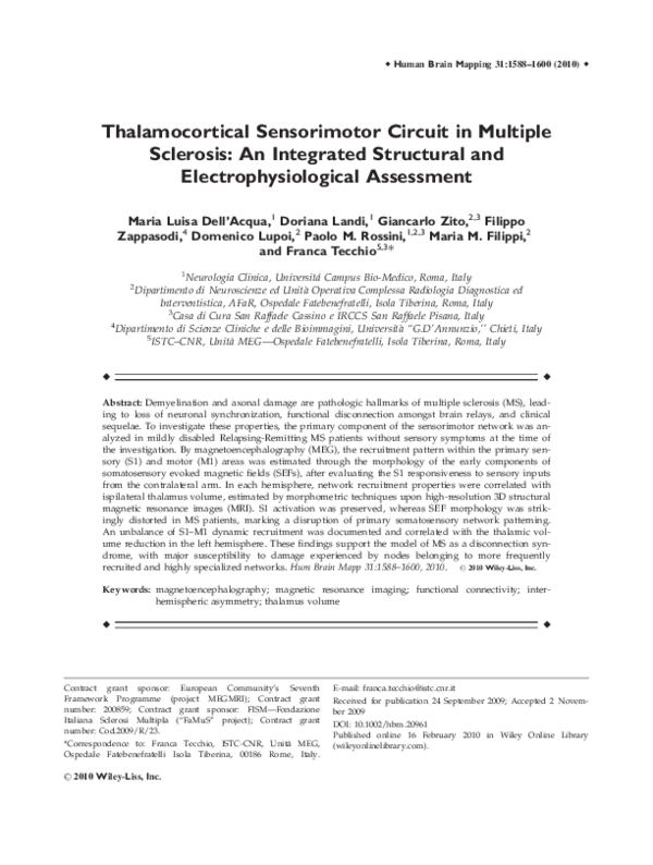 (PDF) Thalamo-cortical sensorimotor circuit in Multiple Sclerosis: an integrated structural and ...
