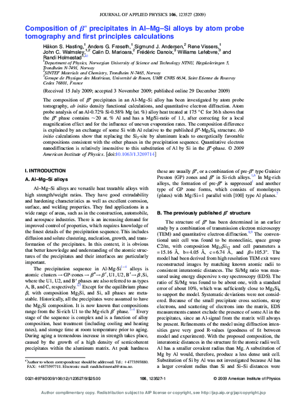 (PDF) Composition of β[sup ʺ] precipitates in Al–Mg–Si alloys by atom ...