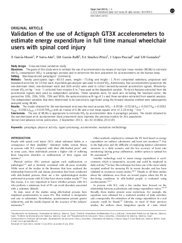 (PDF) Validation of the use of Actigraph GT3X accelerometers to ...