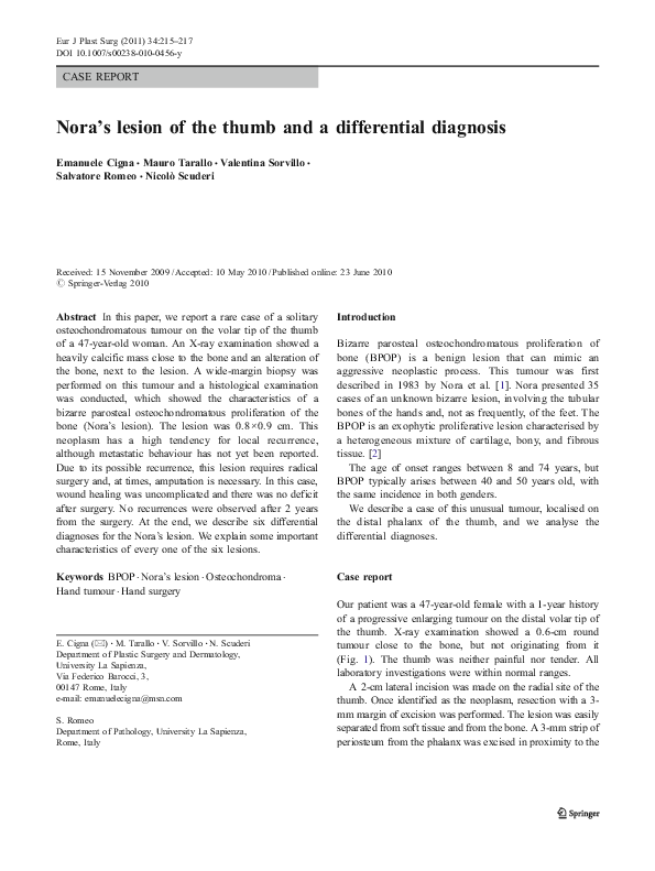 (PDF) Nora’s lesion of the thumb and a differential diagnosis