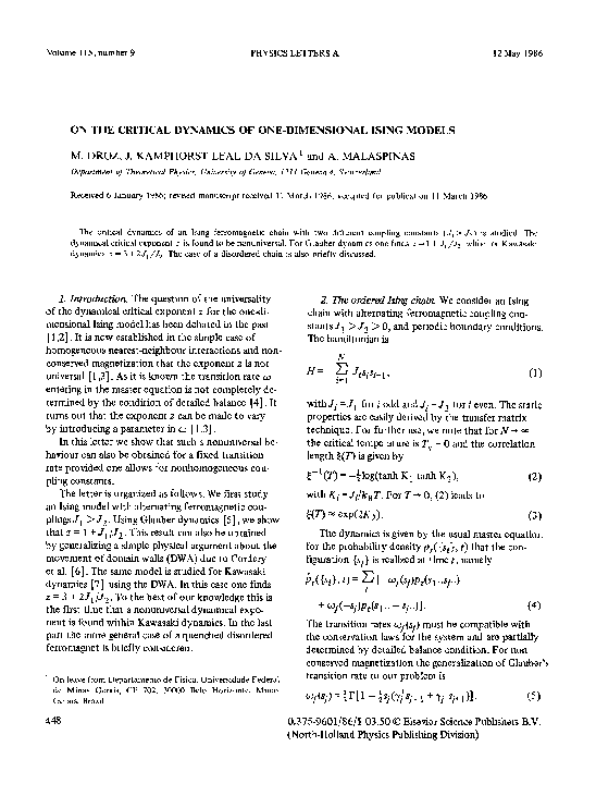 (PDF) On the critical dynamics of one-dimensional Ising models