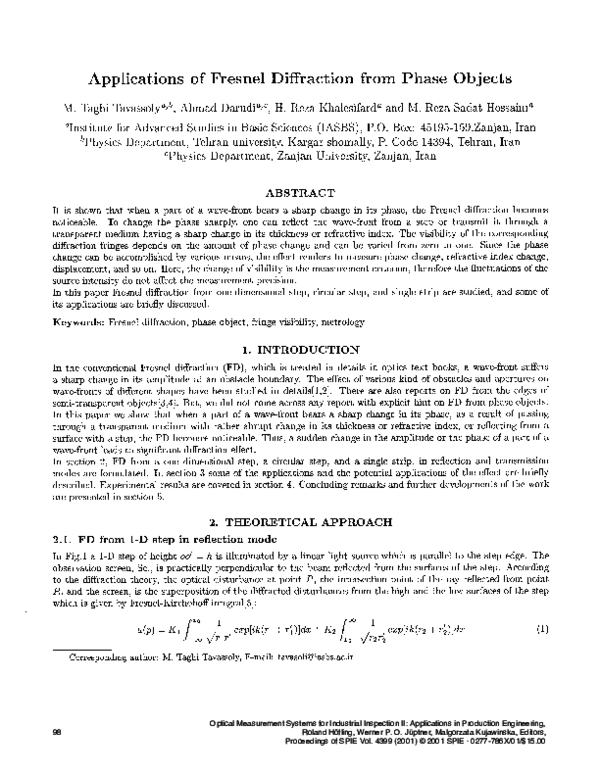 (PDF) Applications of Fresnel diffraction from phase objects