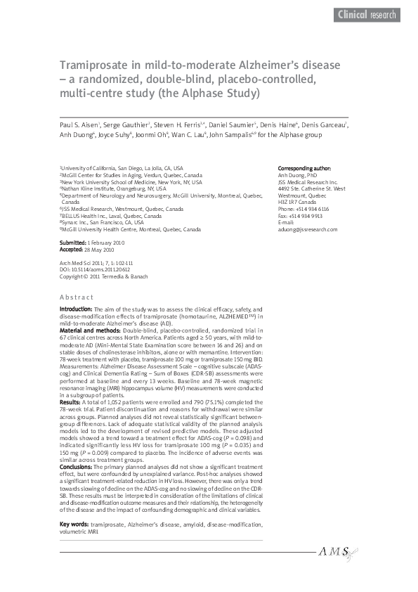(PDF) Tramiprosate in mild-to-moderate Alzheimer’s disease – a ...