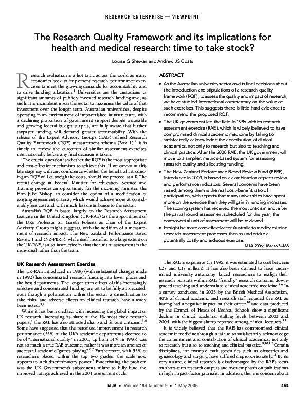 (PDF) The Research Quality Framework and its implications for health ...